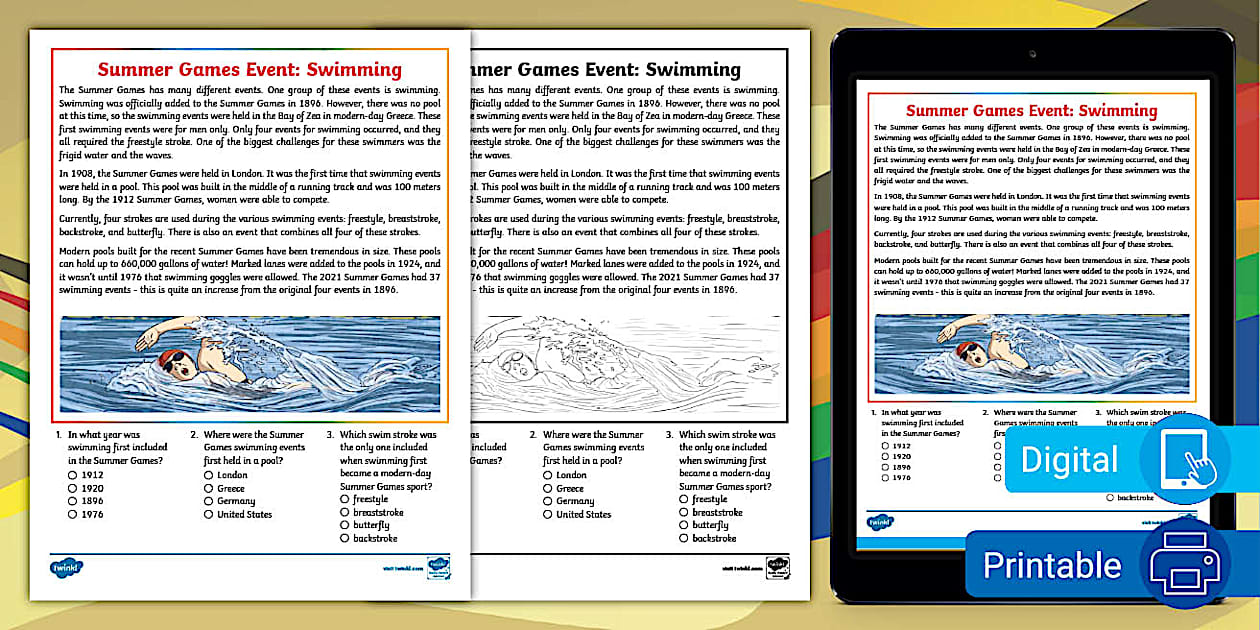 Fifth Grade Summer Games Swimming Reading Comprehension Worksheet