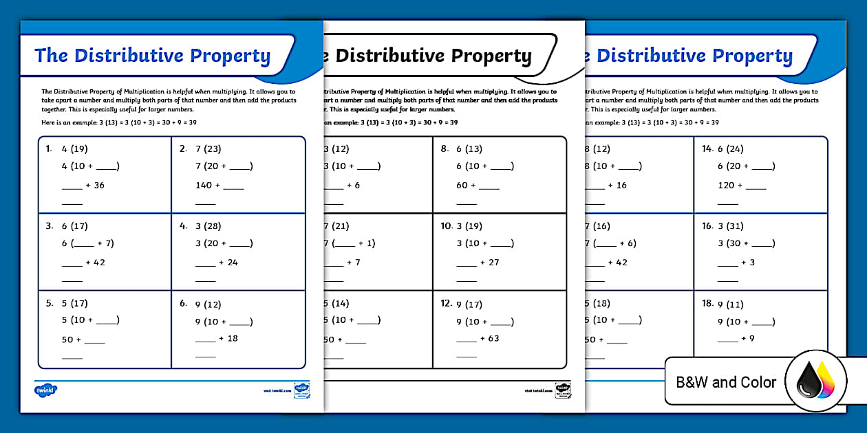 Third Grade Distributive Property 3rd Grade Worksheets