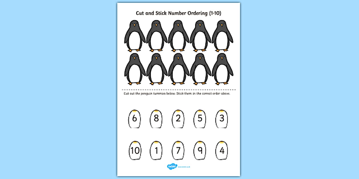 Cut and Stick Number Ordering Penguin Activity 1-10 - number