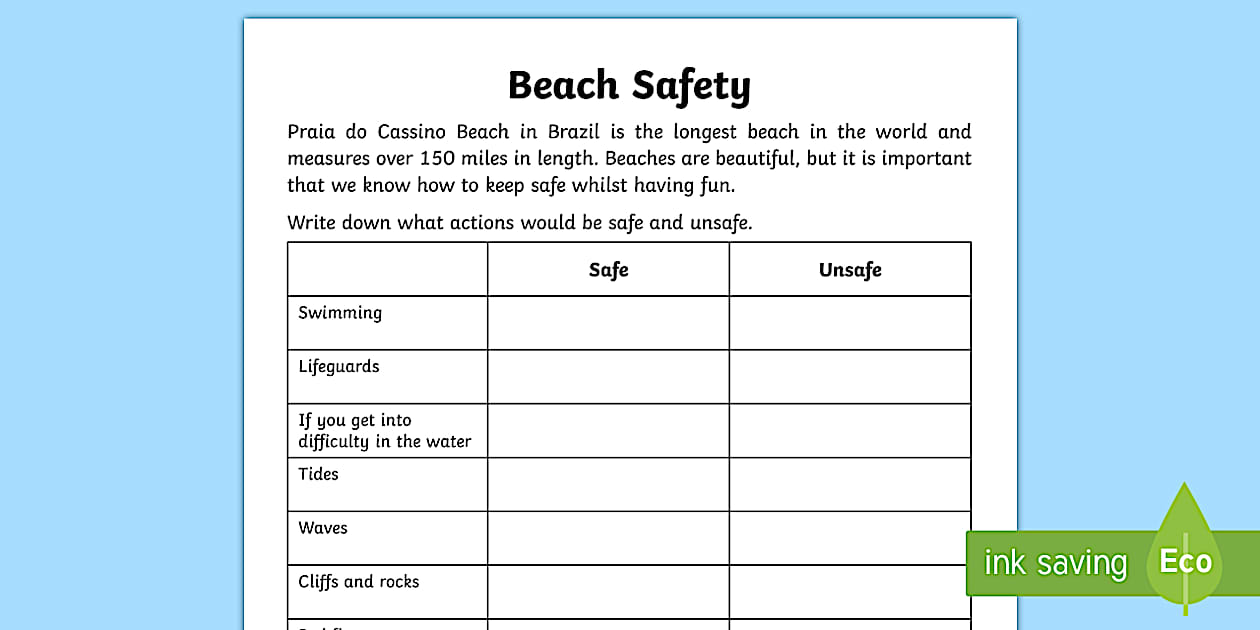 Editable Beach Safety Worksheet (professor feito) - Twinkl