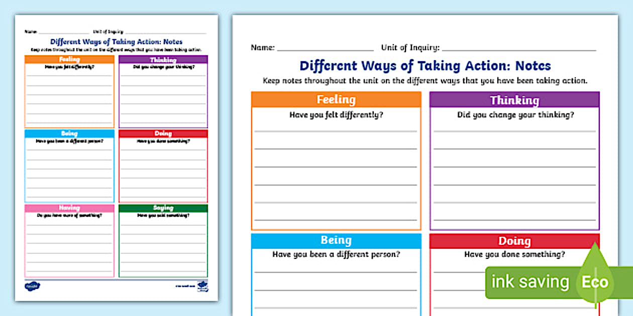 PYP Different Ways of Taking Action: Notes (teacher made)