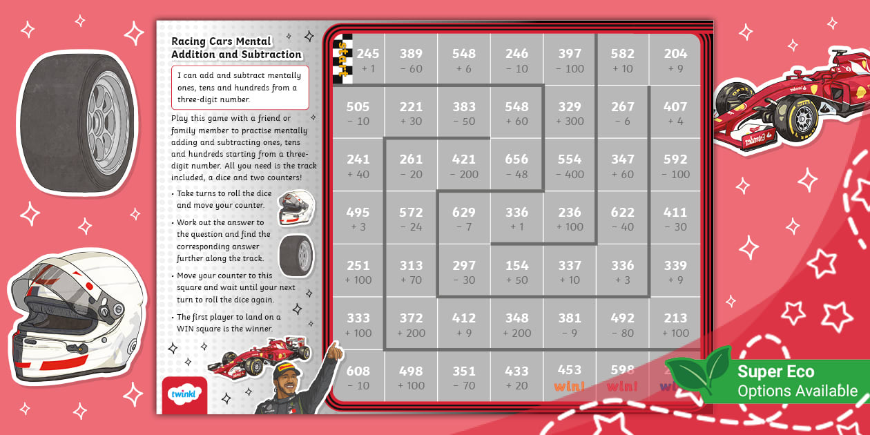 Racing Cars Mental Addition and Subtraction Game - Twinkl