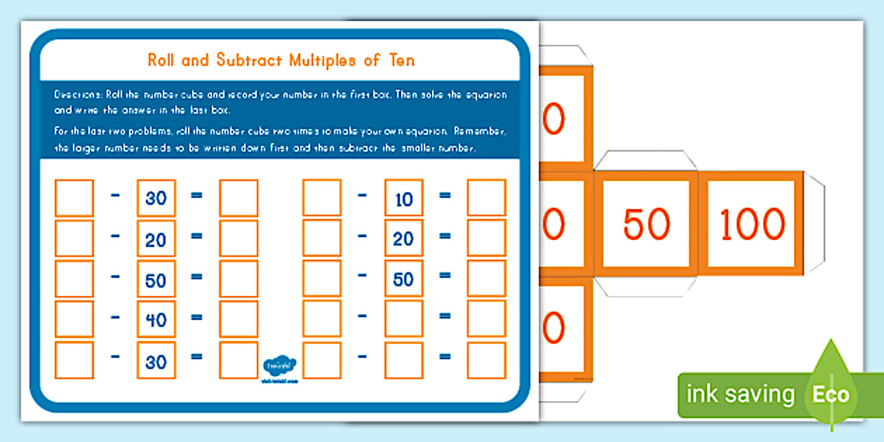 Roll and Subtract Multiples of Ten Worksheet - Twinkl