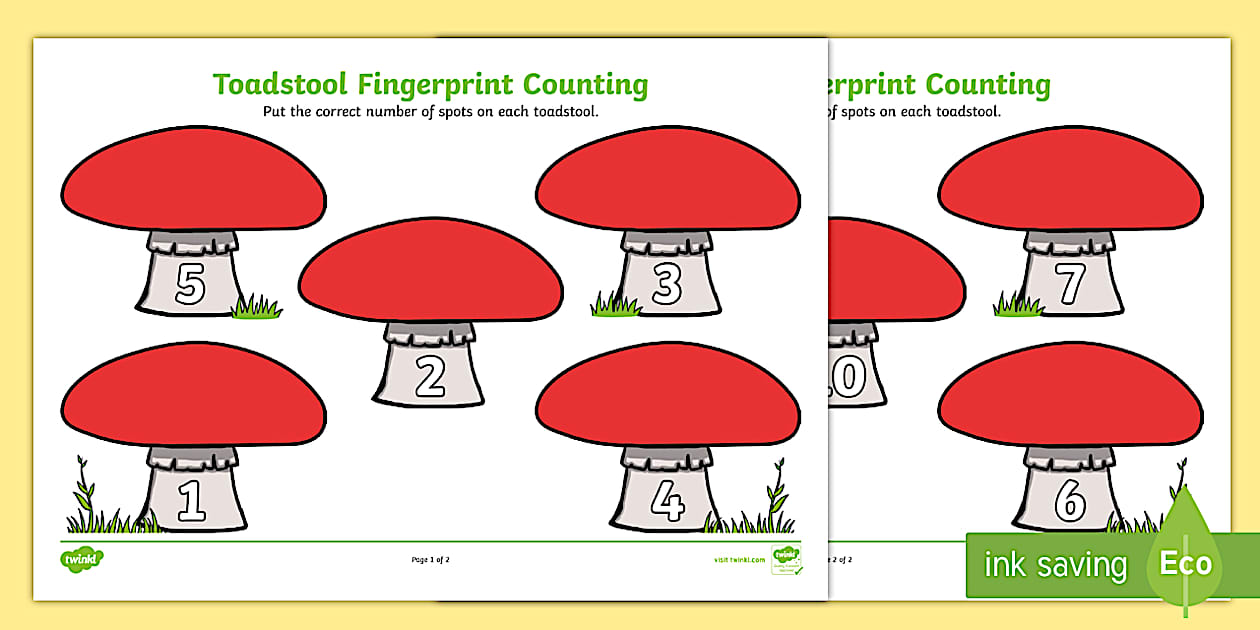 Toadstool Fingerprint Counting Worksheet / Worksheet Pack
