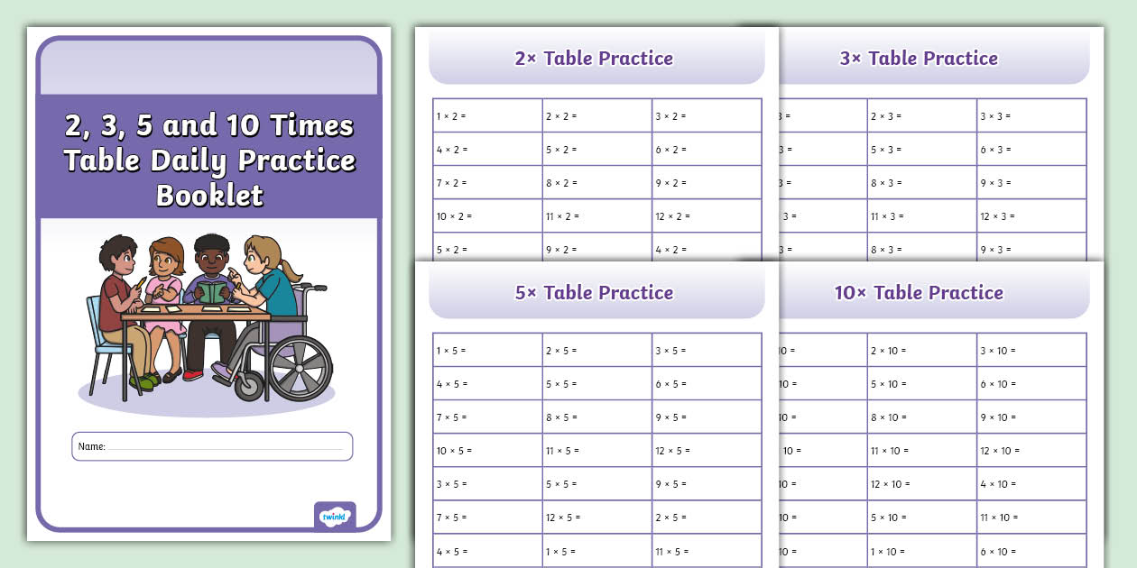 2, 3, 5 and 10 Times Table Daily Practice Booklet - Twinkl