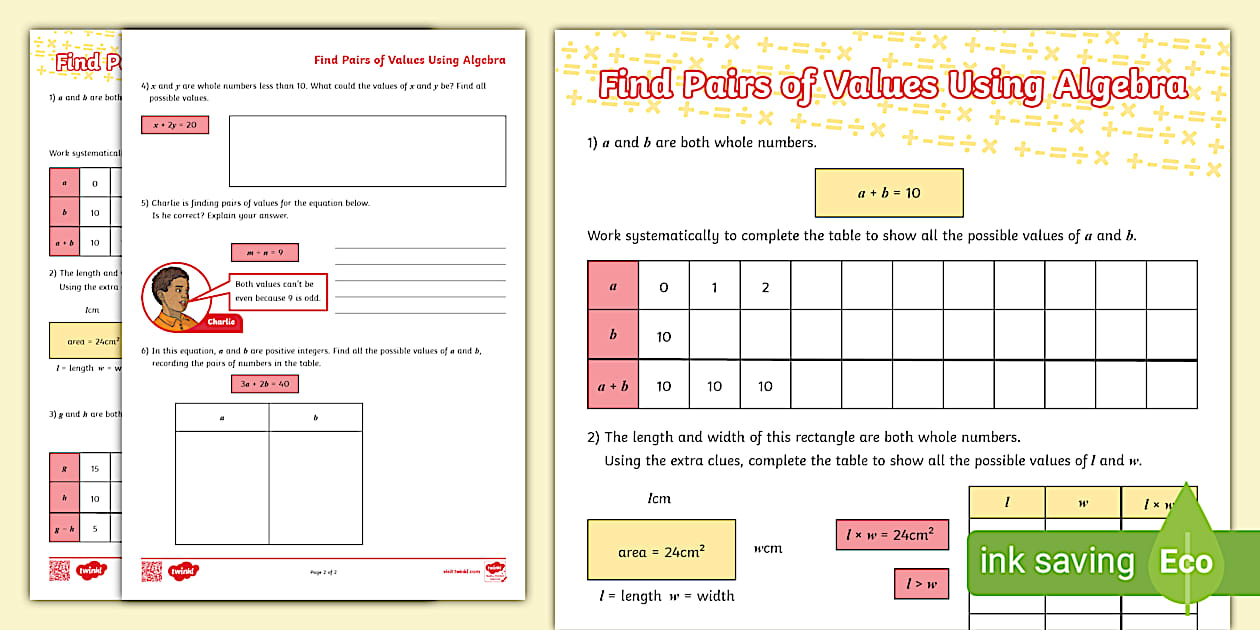 👉 Year 6 Find Pairs of Values Using Algebra Activity Sheets