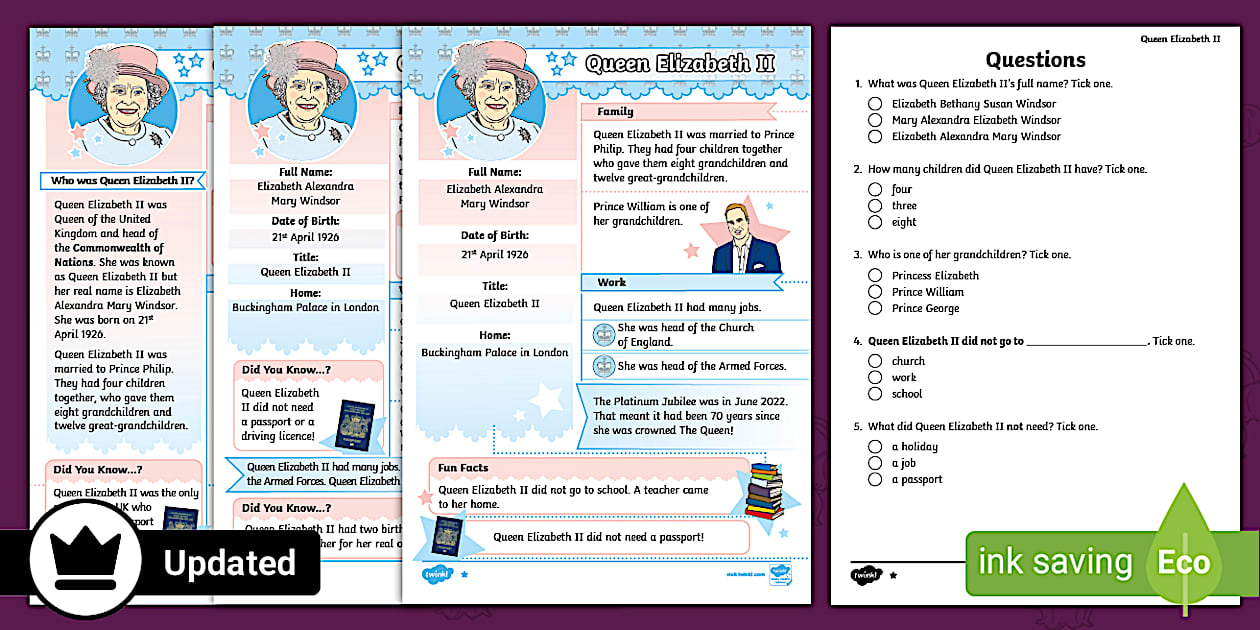 Editable KS1 Queen Elizabeth II Differentiated Reading Comprehension ...