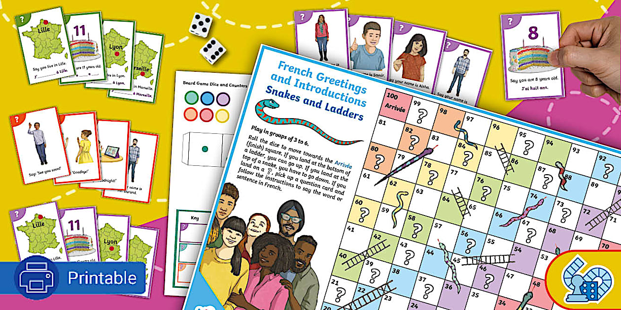 Editable French: Greetings and Introductions Snakes and Ladders