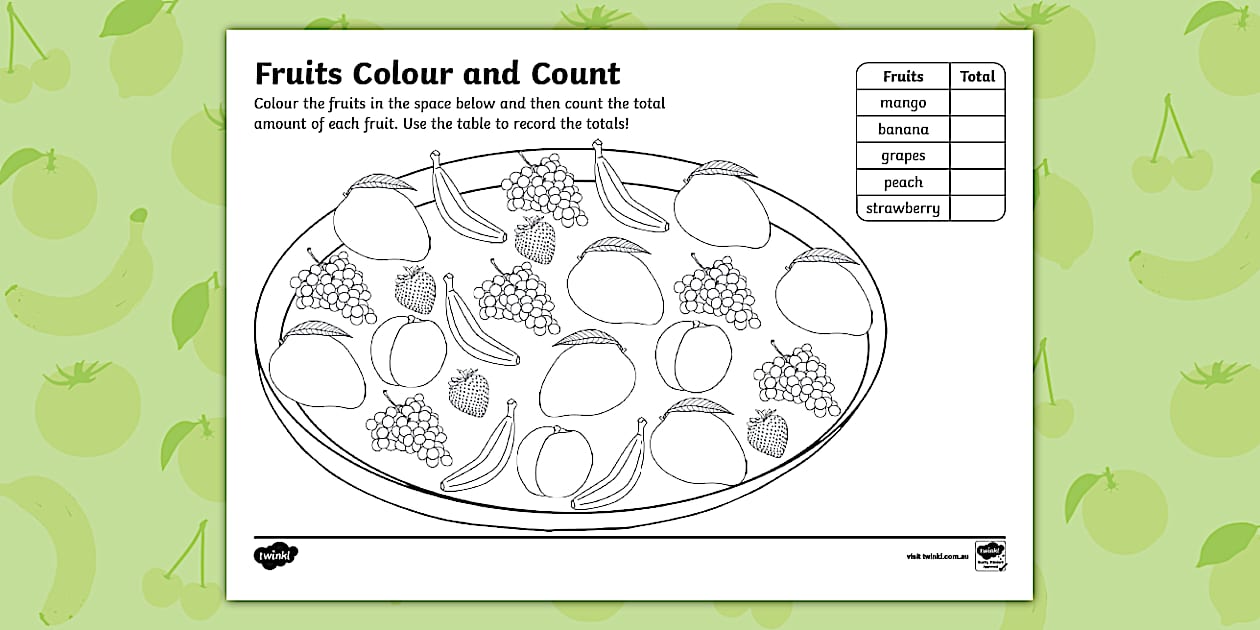 Fruits Colour and Count Worksheet (teacher made) - Twinkl