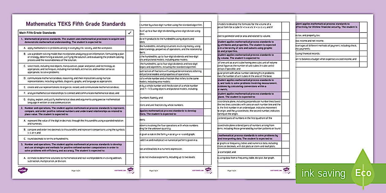 Mathematics TEKS Fifth Grade Standards Checklist - Twinkl