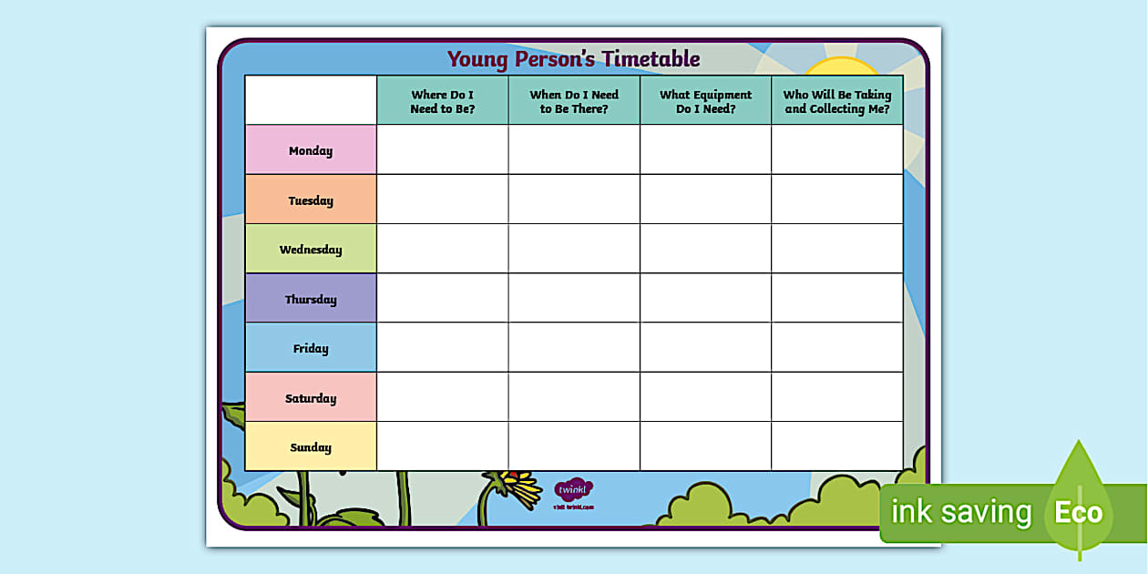Young Person's Weekly Timetable | Twinkl Inclusion - Twinkl