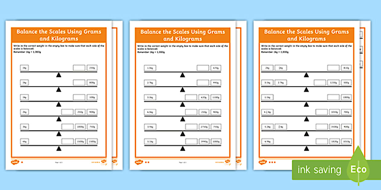 Balance the Scales Using Grams and Kilograms Differentiated Worksheets