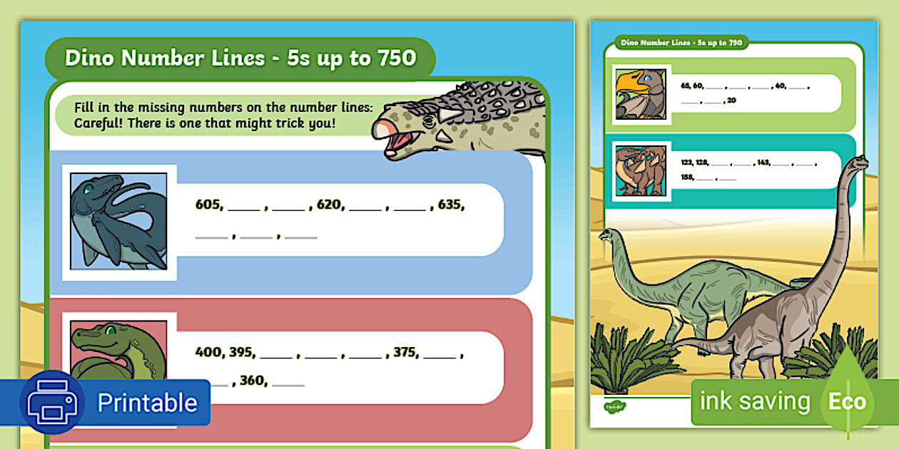 Grade 3 Mathematics: Dino Number Line - 5s up to 750