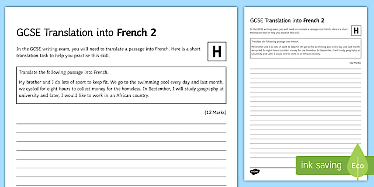 GCSE French Translation into French 2 Higher Tier Worksheet / Worksheet ...