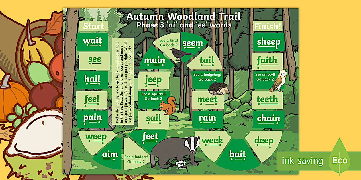 Editable Phase 3 'ai' and 'ee' Words Autumn Woodland Trail Board Game