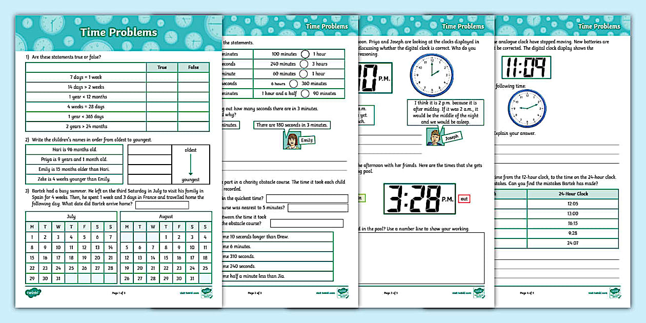 👉 Year 4 Maths Time Problems Activity Sheet - Twinkl