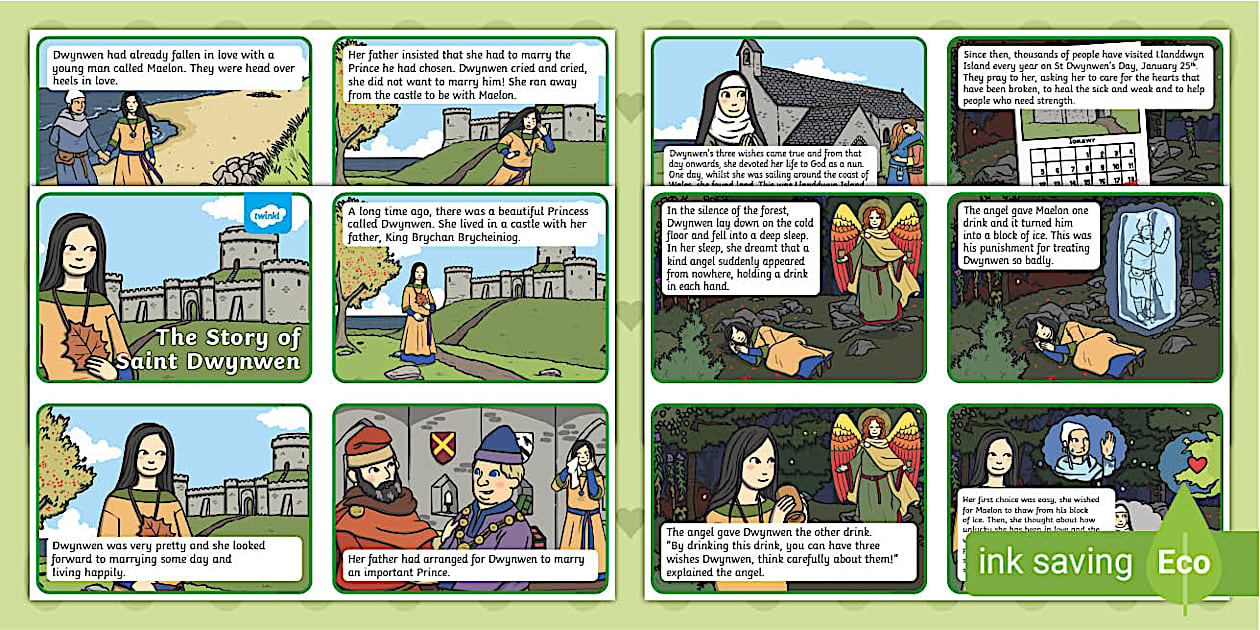 Black and White Saint Dwynwen Story Sequencing Cards