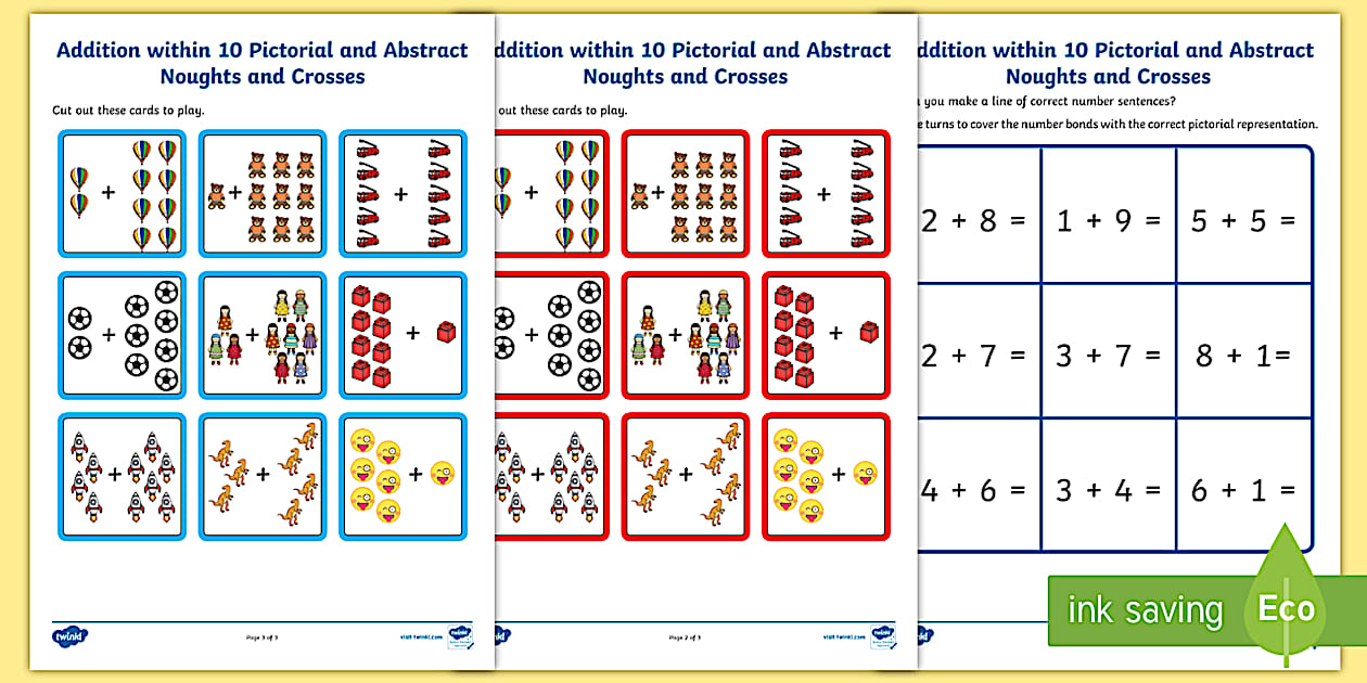 Black and White Addition within 10 Pictorial and Abstract Noughts and ...