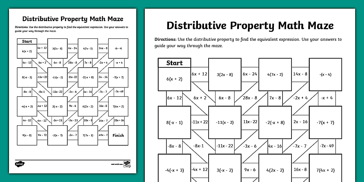 Sixth Grade Distributive Property Math Maze Worksheet