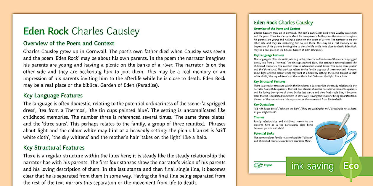 AQA Poetry: Eden Rock - One Page Revision Summary - Twinkl