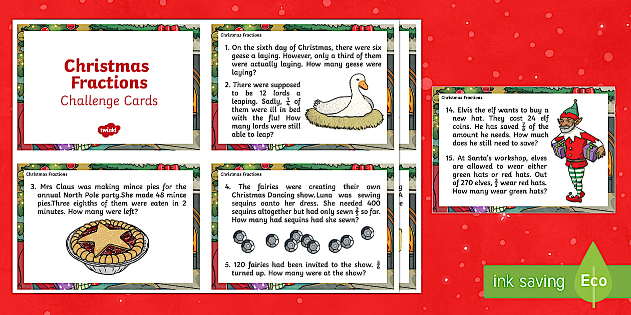 Christmas Fractions Challenge Cards (teacher made) - Twinkl
