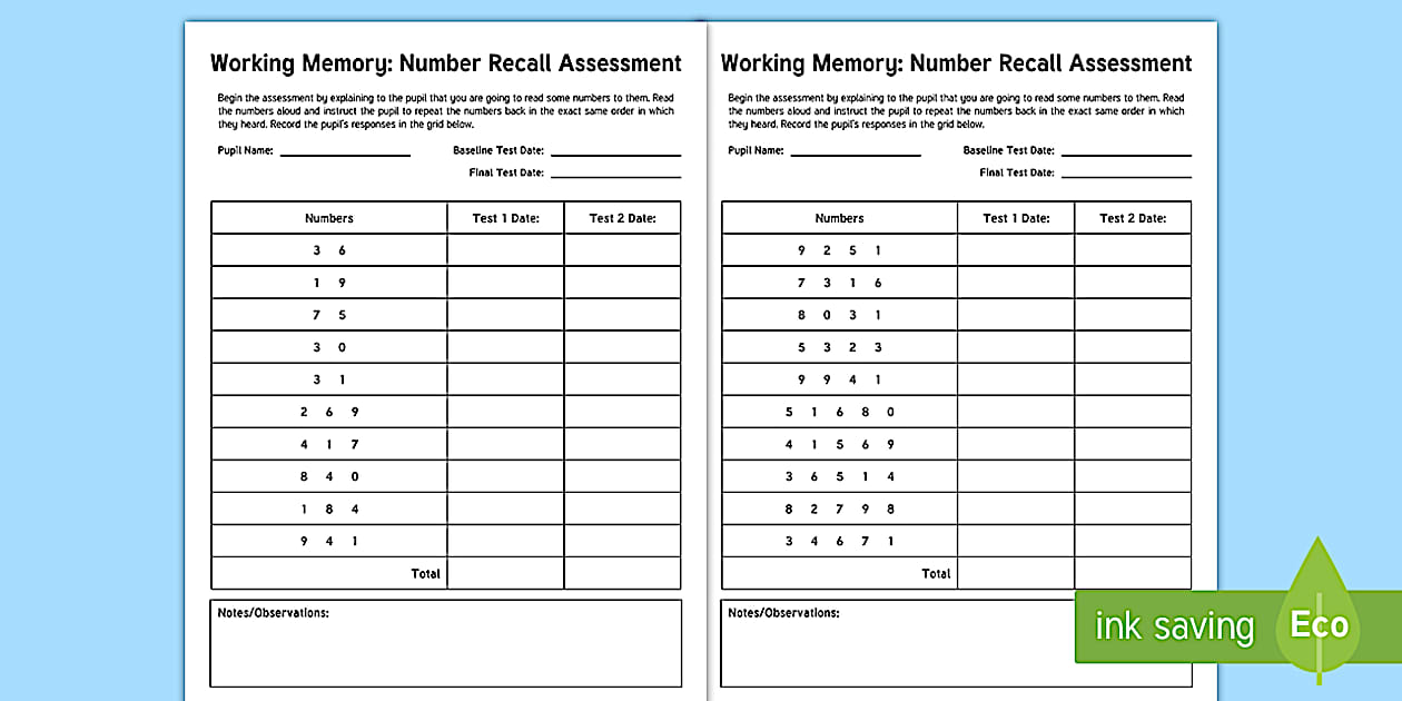 CfE Working Memory Number Recall Assessment Sheet - Twinkl