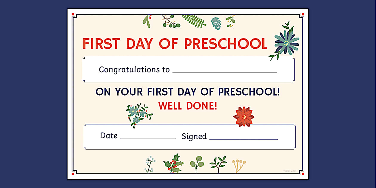 Winter Botanical-Themed First Day of Preschool Certificate
