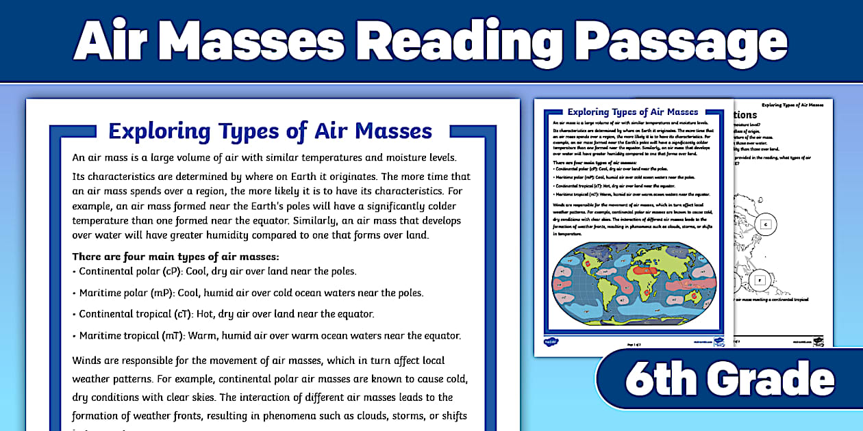 Types of Air Masses Reading Passage Comprehension Worksheet