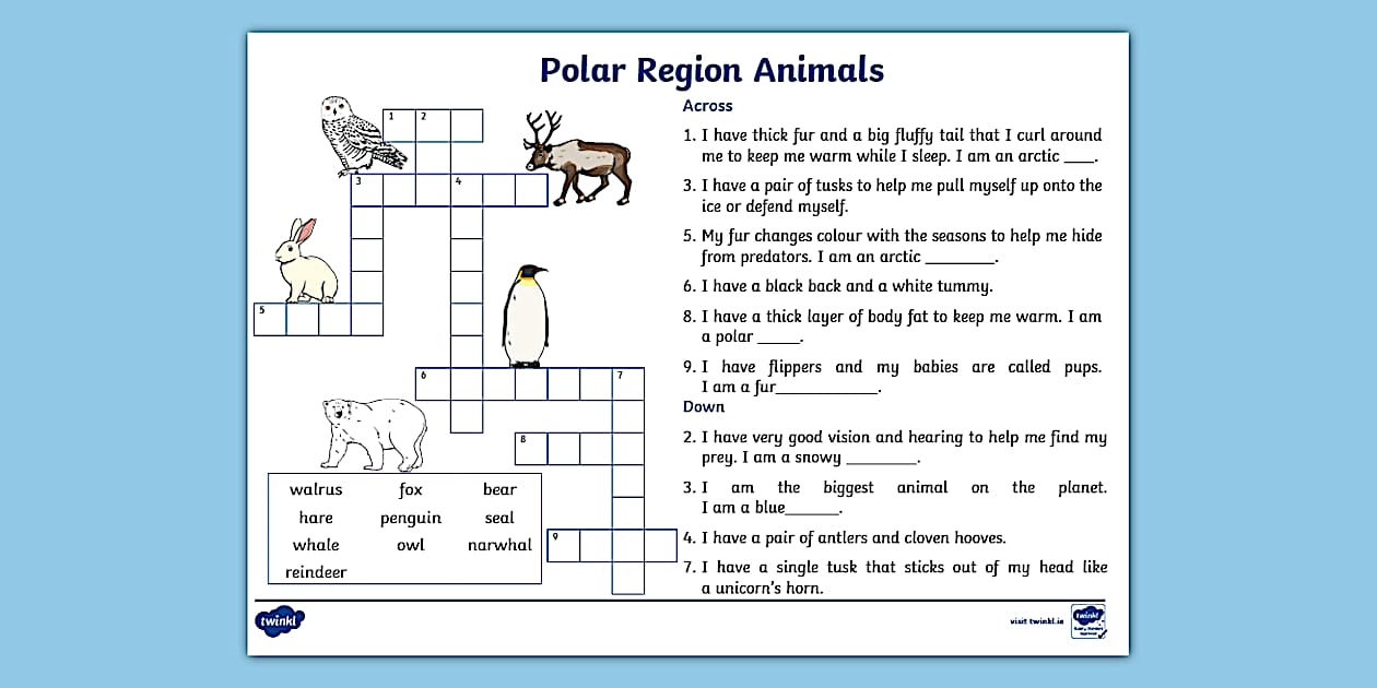 Polar Regions Animal Crossword - KS1 - Puzzles - Twinkl