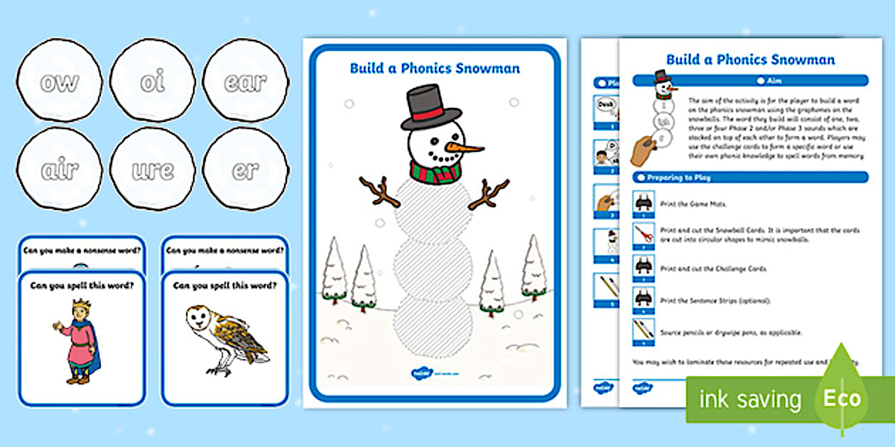 Build a Phonics Snowman: Phase 3 Game (Teacher-Made)