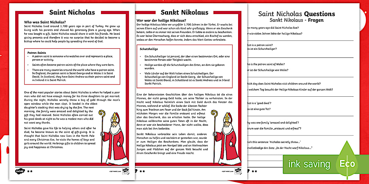 KS1 Saint Nicholas Differentiated Reading Comprehension Activity