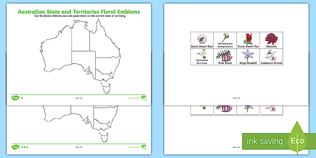 Australian State and Territories Floral Emblems Cut and Paste Worksheets