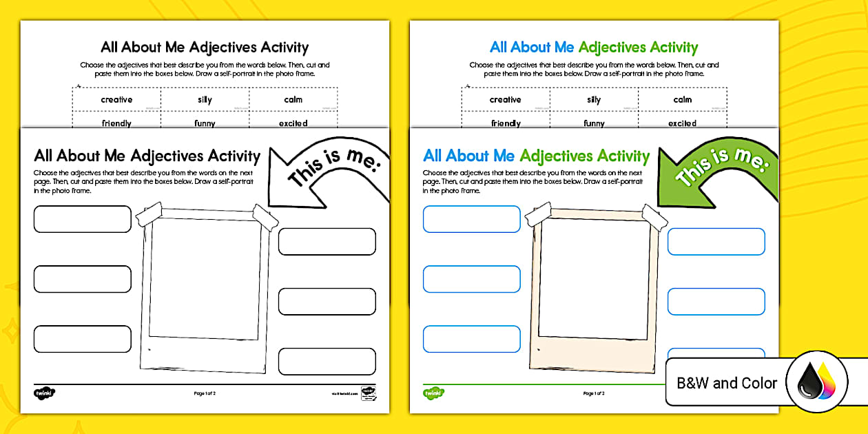Kindergarten All About Me Adjectives Cut and Paste Activity