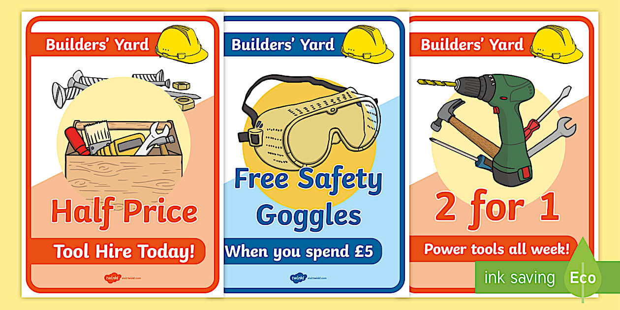 Black and White Builders' Yard Role Play Posters - Twinkl