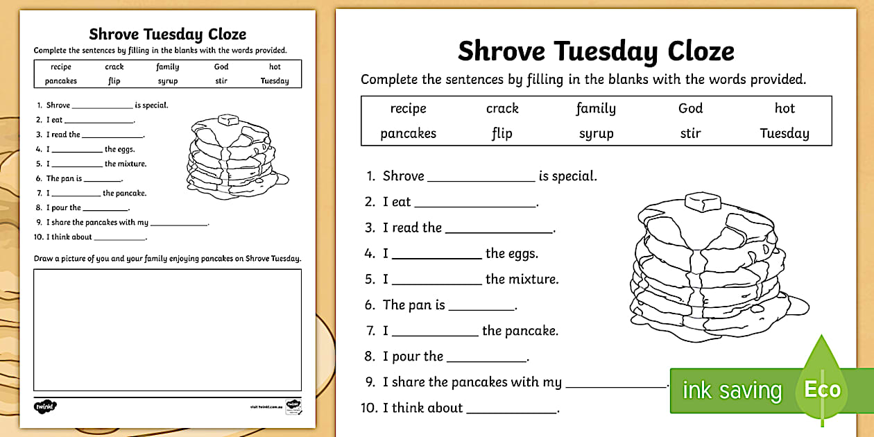 Foundation - Year 2 Shrove Tuesday Cloze Worksheet - Twinkl