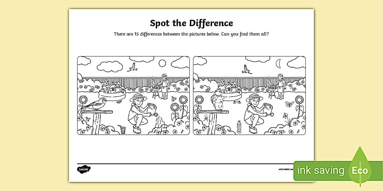 Spot the Difference Colouring Page, activity sheet - Twinkl