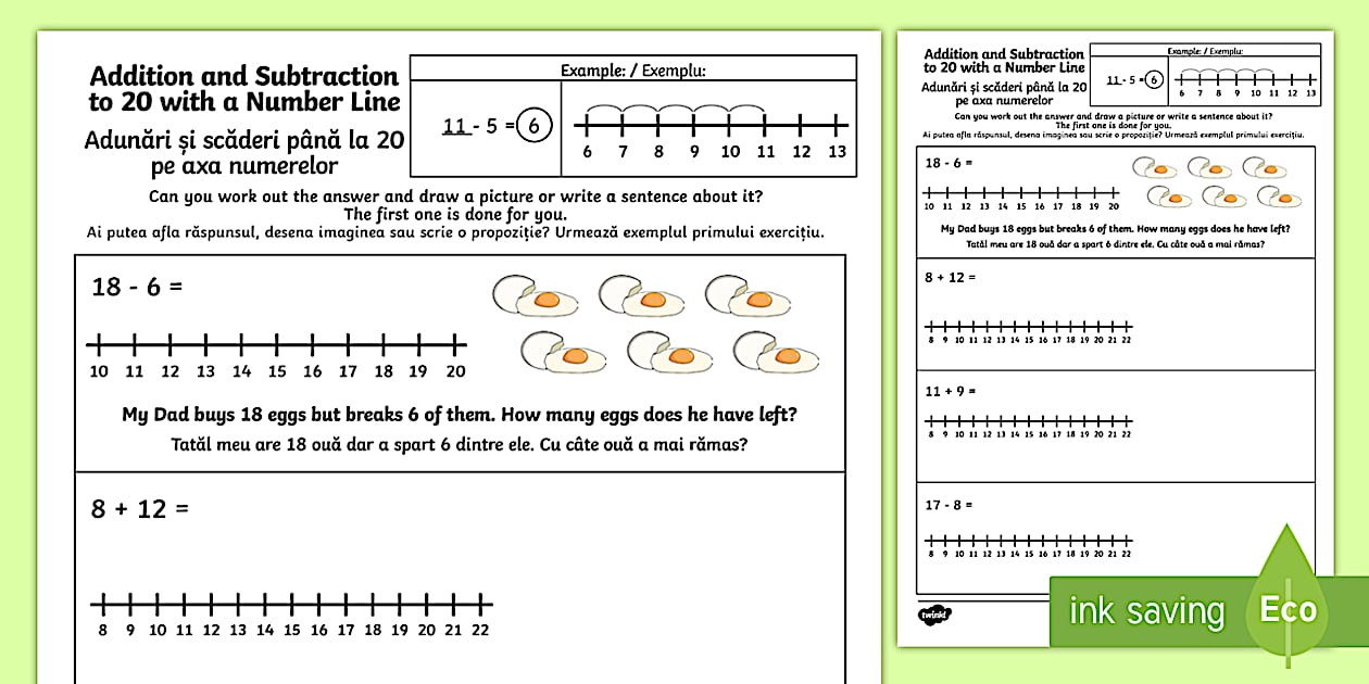 Addition and Subtraction to 20 with a Number Line Worksheet / Worksheet