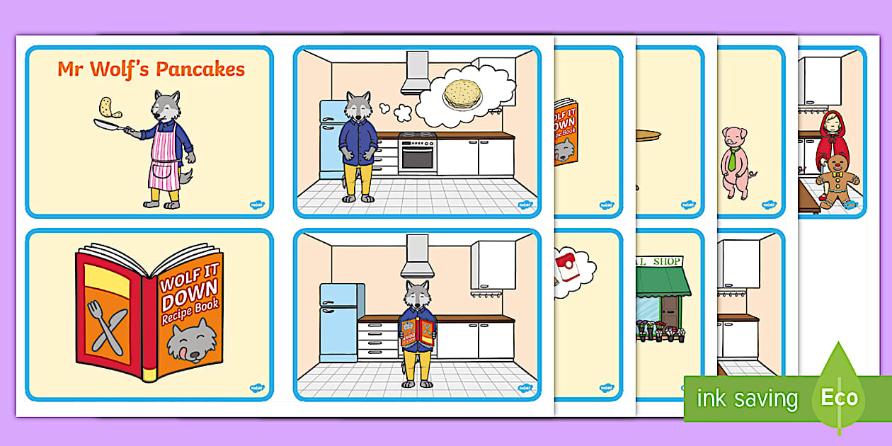 Black and White Story Cards to Support Teaching on Mr Wolf's Pancakes