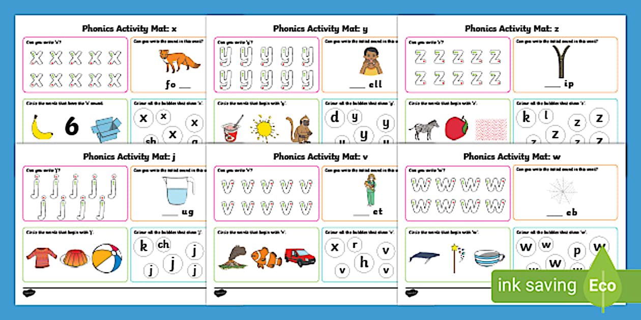 EYFS Phase 3 j, v, w, x, y, z Phonics Activity Mats