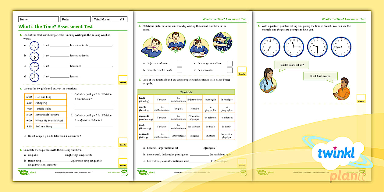 👉 French: What's the Time?: Year 4 Assessment Test