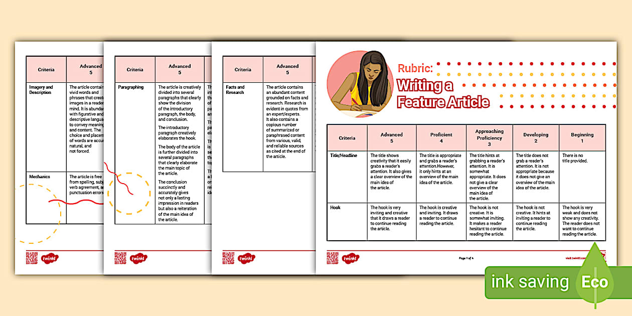 Rubric: Writing a Feature Article | Grade 8 | Twinkl