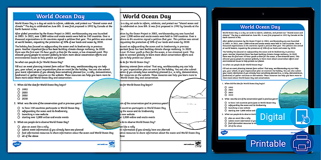 World Oceans Day Comprehension Reading Worksheet | Twinkl USA