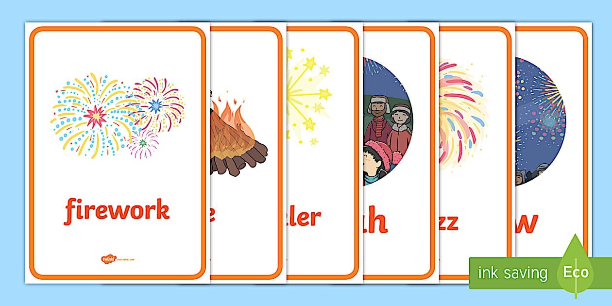 Cursive Bonfire / Fireworks Words Display Posters - Twinkl