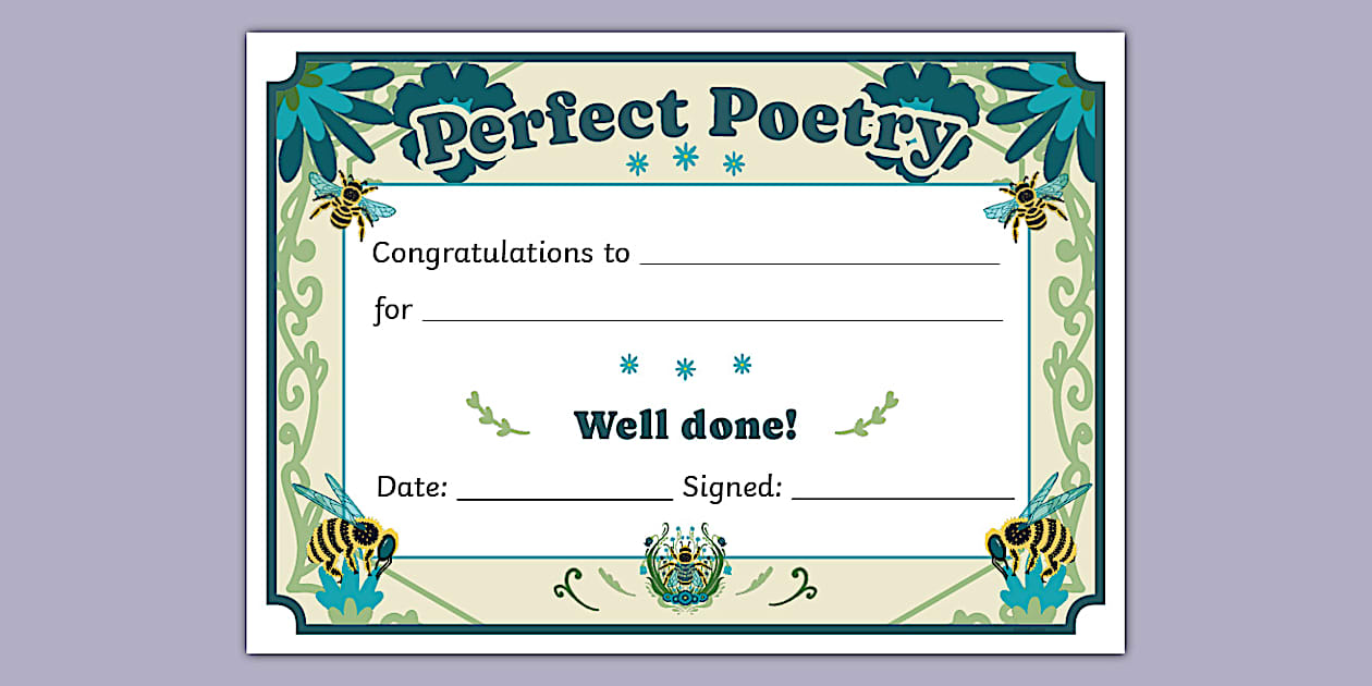 Bee-Themed Perfect Poetry Certificate - Twinkl