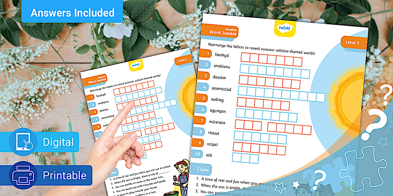 Summer Word Jumble Puzzle - L3 - Twinkl Puzzled - Kids