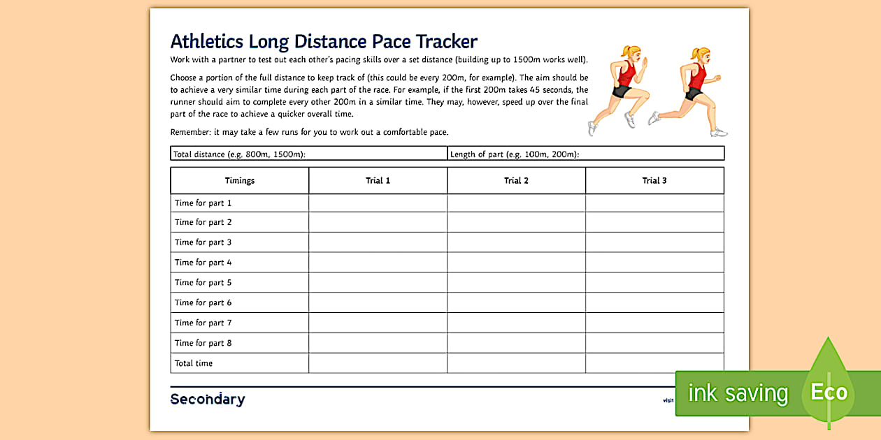 Athletics: Pace Tracker for Long Distance Running Worksheet / Worksheet