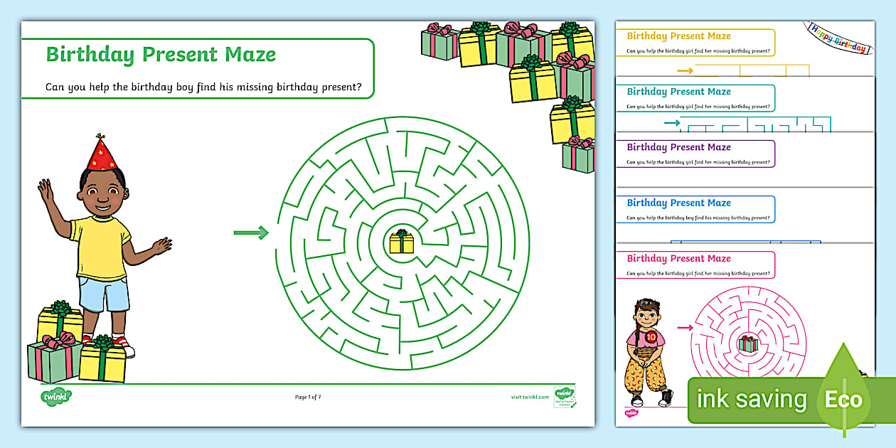 Free Birthday Present Maze Activity Worksheets for Kids