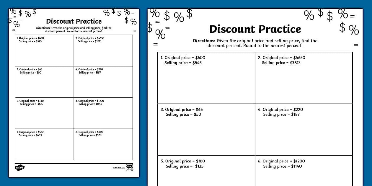 Seventh Grade Discount Practice Worksheet (teacher made)