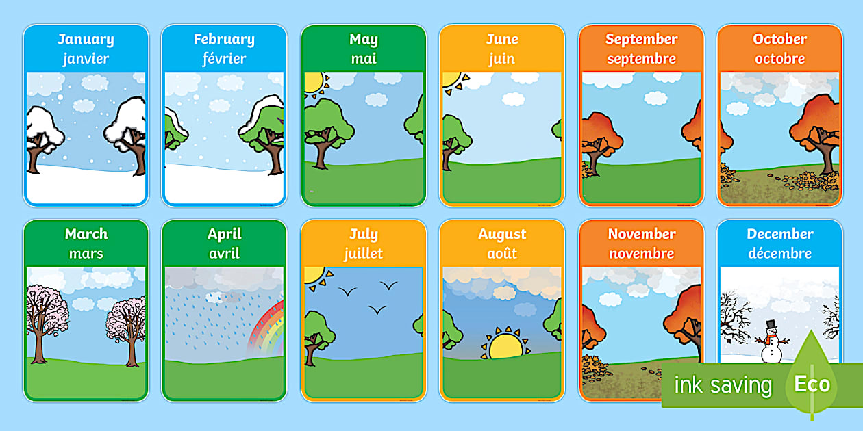 Months of the Year Flashcards French/English (teacher made)