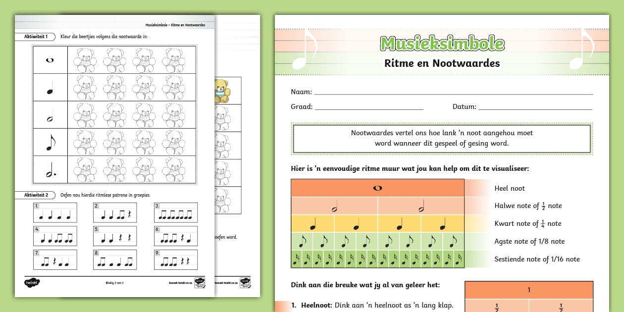 Musieksimbole - Ritmes en Nootwaardes (Lehrer gemacht)
